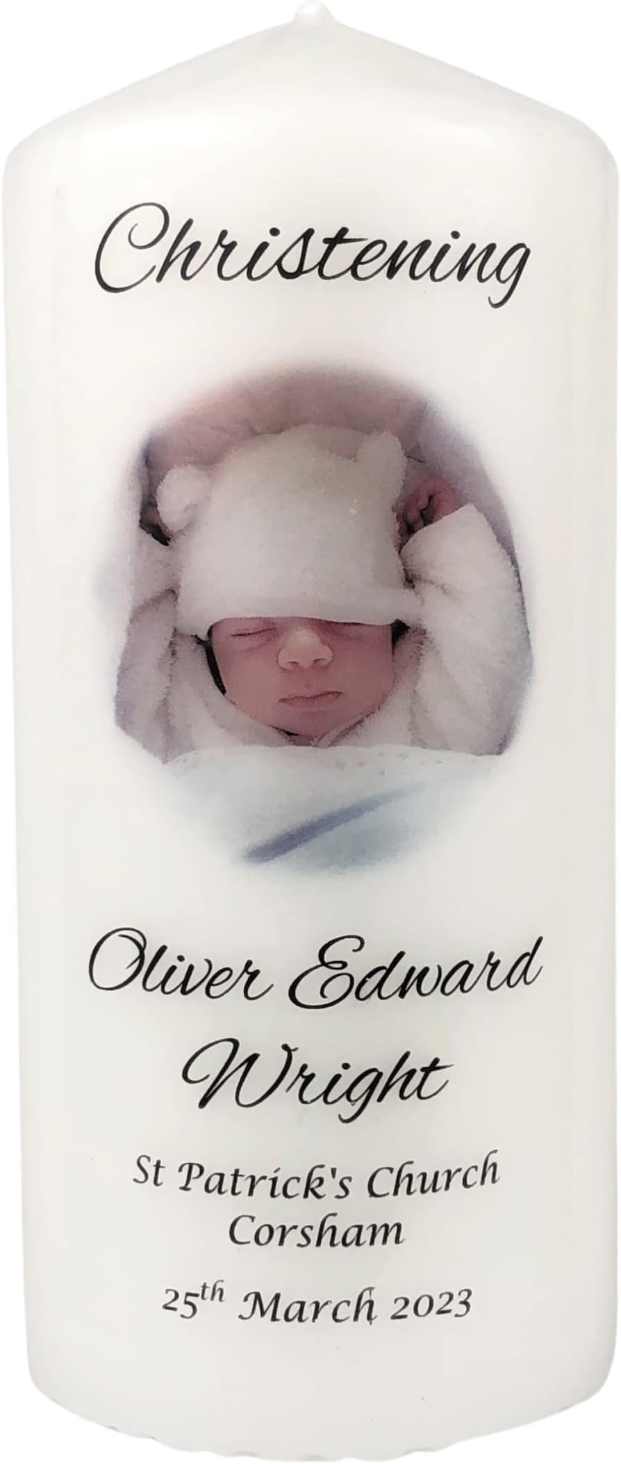 Personalised Christening Photo Candle - 7cm x 15cm White - Christening ...