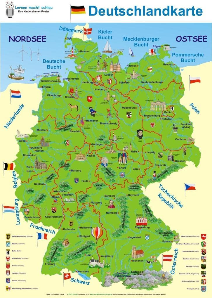 Deutschlandkarte: Lernposter 70 x 100cm, abwaschbar durch UV-Lack ...