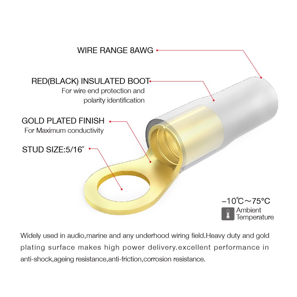 Snapklik.com : AIRIC 8 Gauge Ring Terminal 5/16 Inch Gold Plated Crimp ...