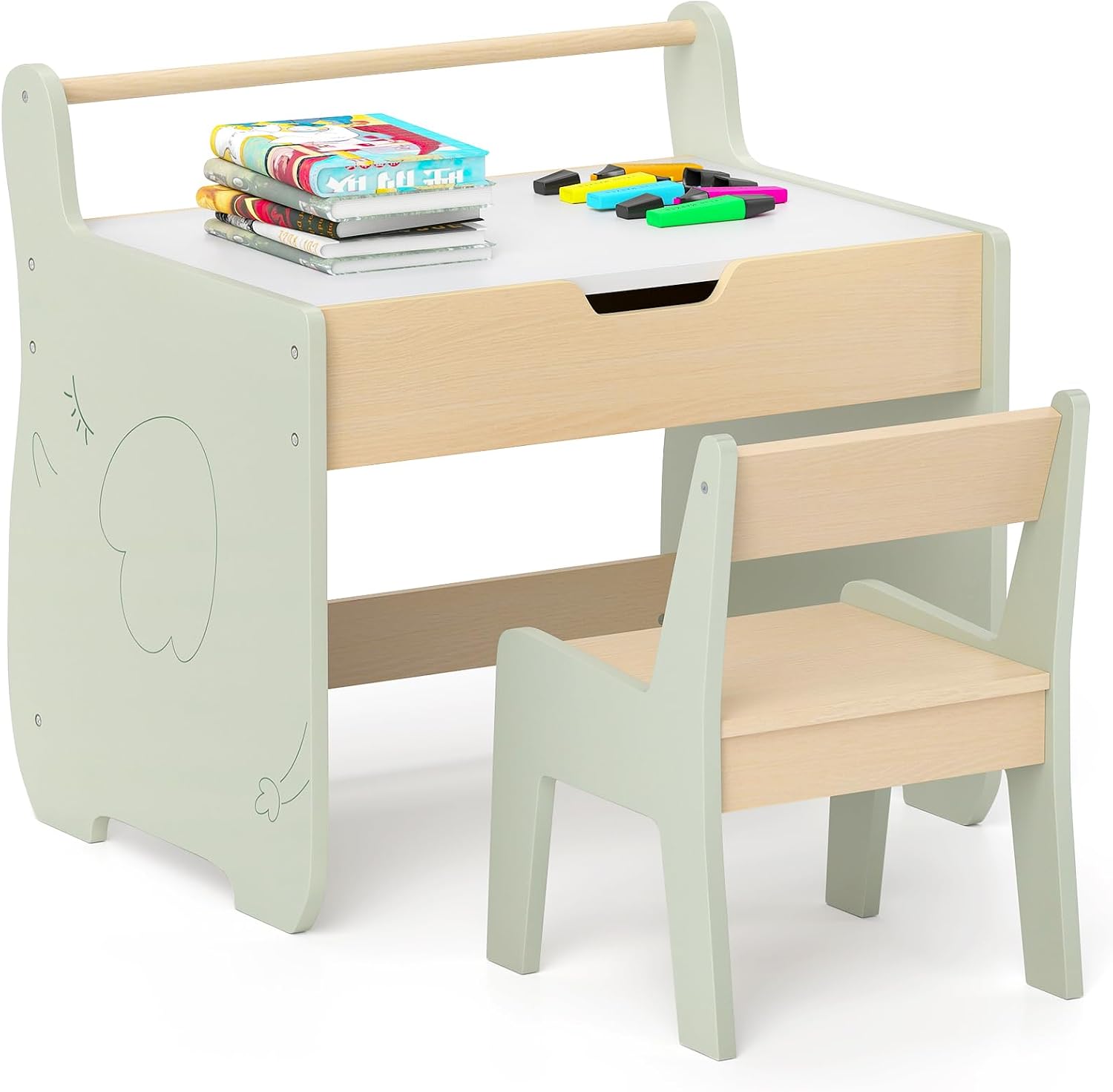 COSTWAY Kids Table and Chair Set, Wooden Children Table with Reversible ...