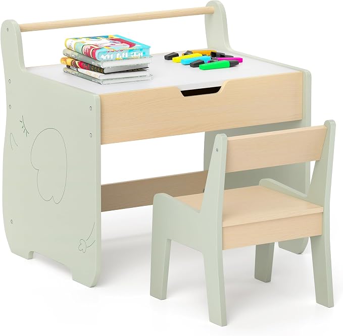 COSTWAY Kids Table and Chair Set, Wooden Children Table with Reversible ...