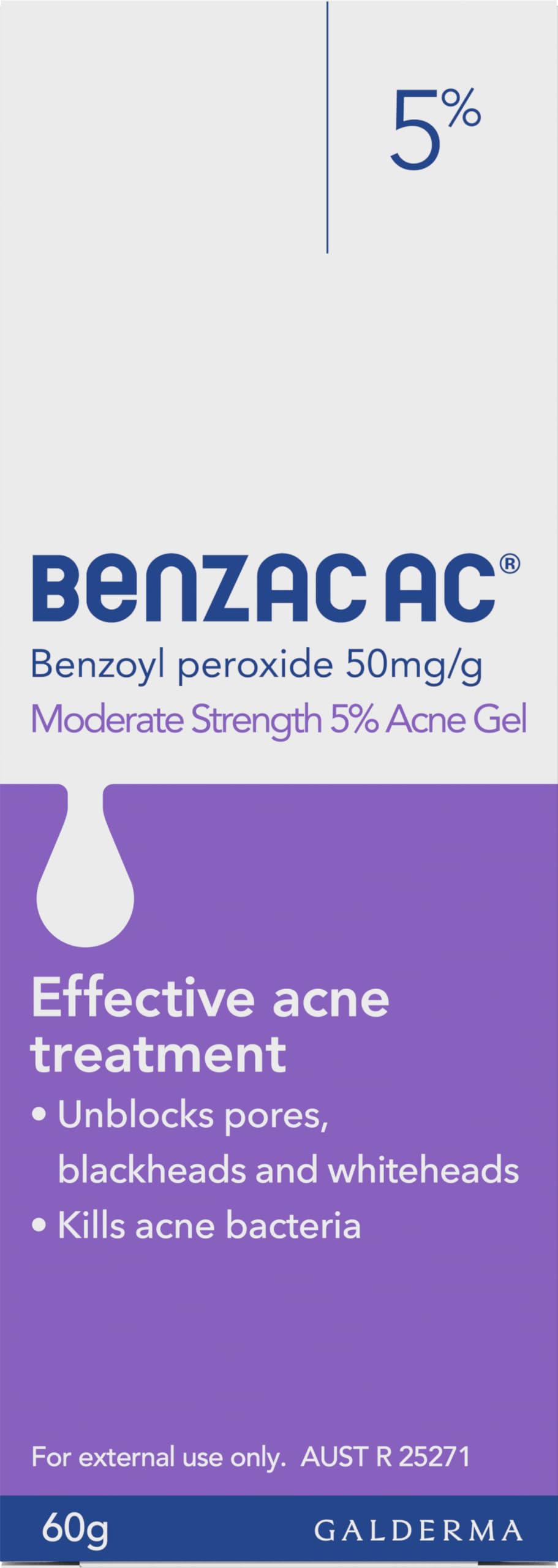 Benzac AC 5.0% Moderate Acne Gel 60g, Kills up to 94% of Acne Bacteria ...