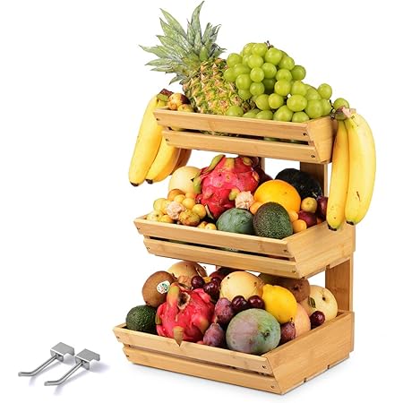 Amazon.com: Large 3 Tier Bamboo Fruit Basket – Fruit Stand for Kitchen ...