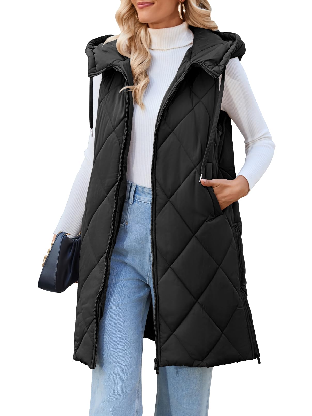 MEROKEETY Womens Sleeveless Quilted Long Puffer Vest Hooded Full Zip ...