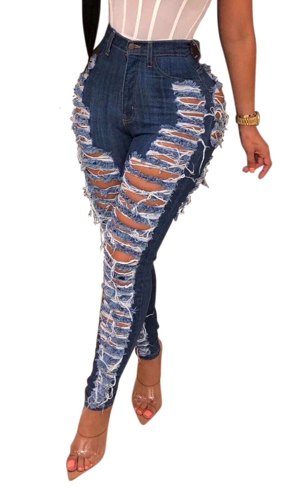 Women's Skinny Ripped Jeans Stretch Destroyed Mid High Waist Denim ...