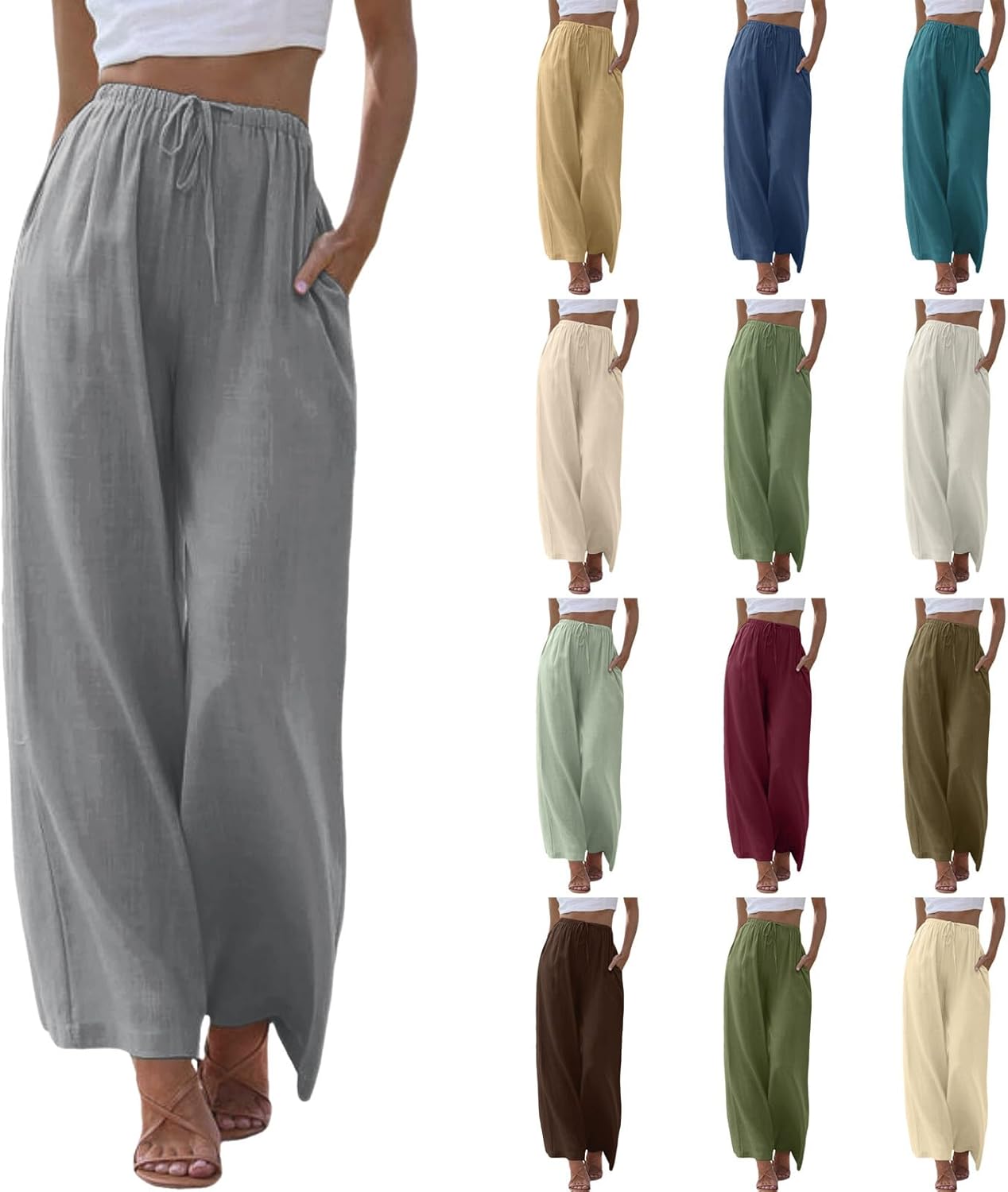 Generisch Leinenhose Damen Sommer Hohe Taille Freizeithose mit Taschen ...