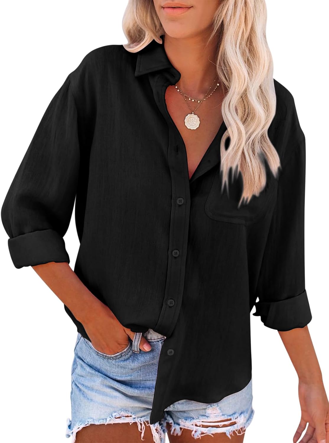 siliteelon Womens Button Down Shirts Cotton Dress Shirts Long Sleeve ...