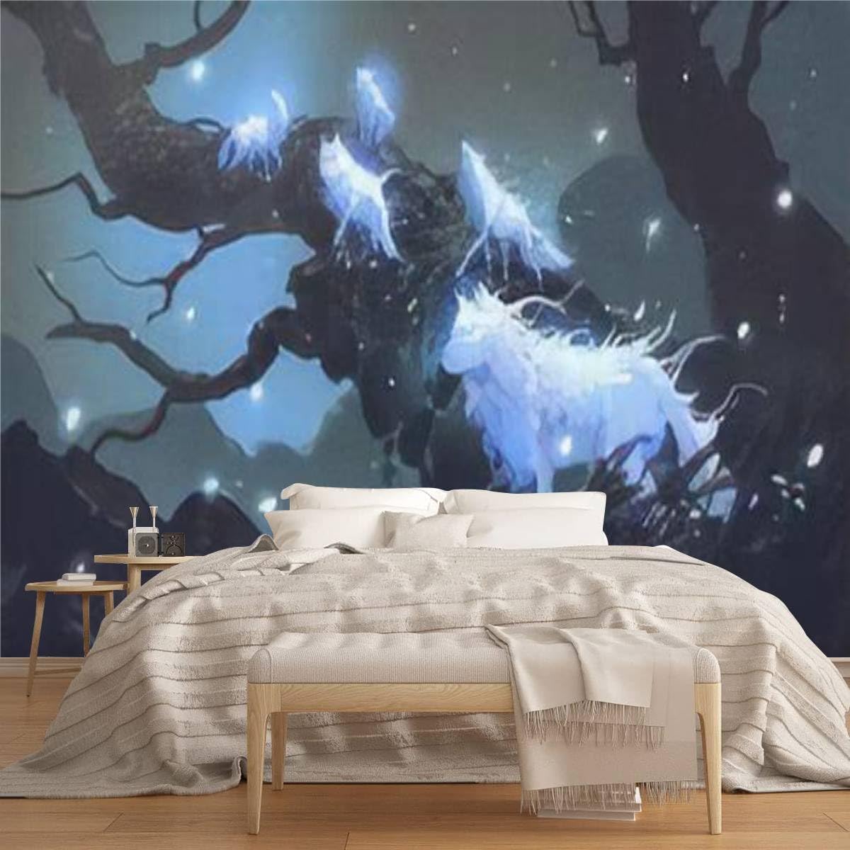 FEWEGRWEFW 3D Modern Canvas Wallpaper Mural Night Scene Glowing Wolves ...