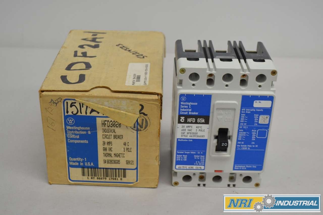 NEW WESTINGHOUSE HFD3020 MOLDED CASE 3P 20A AMP 600V-AC CIRCUIT BREAKER ...
