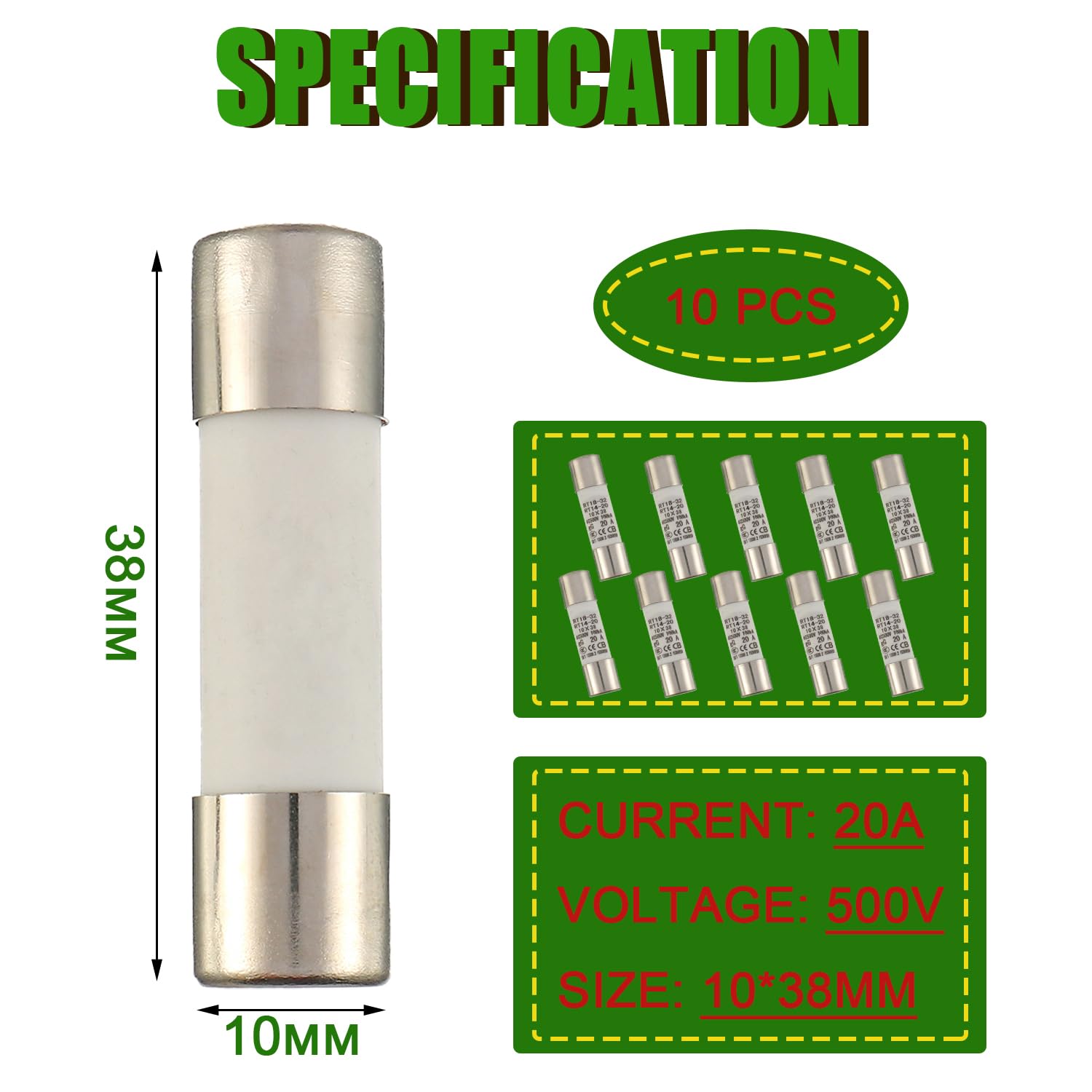 SIGANDG 20A 500V Ceramic Tube Fuse RT18-32 10x38mm Cylindrical High ...