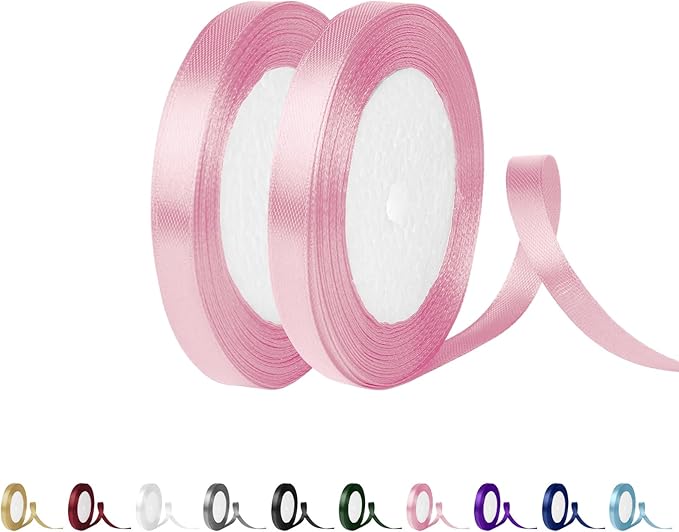 2 Rolls Pink Satin Ribbon 10mm, 22M Solid Colors Fabric Pink Ribbon for ...