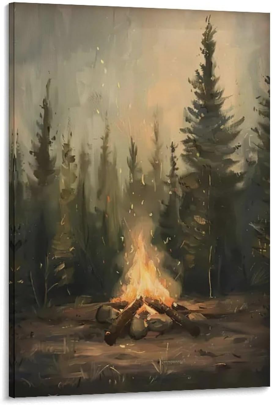 Amazon.com: Rustic Campfire Oil Painting, Moody Pine Tree Poster Print ...