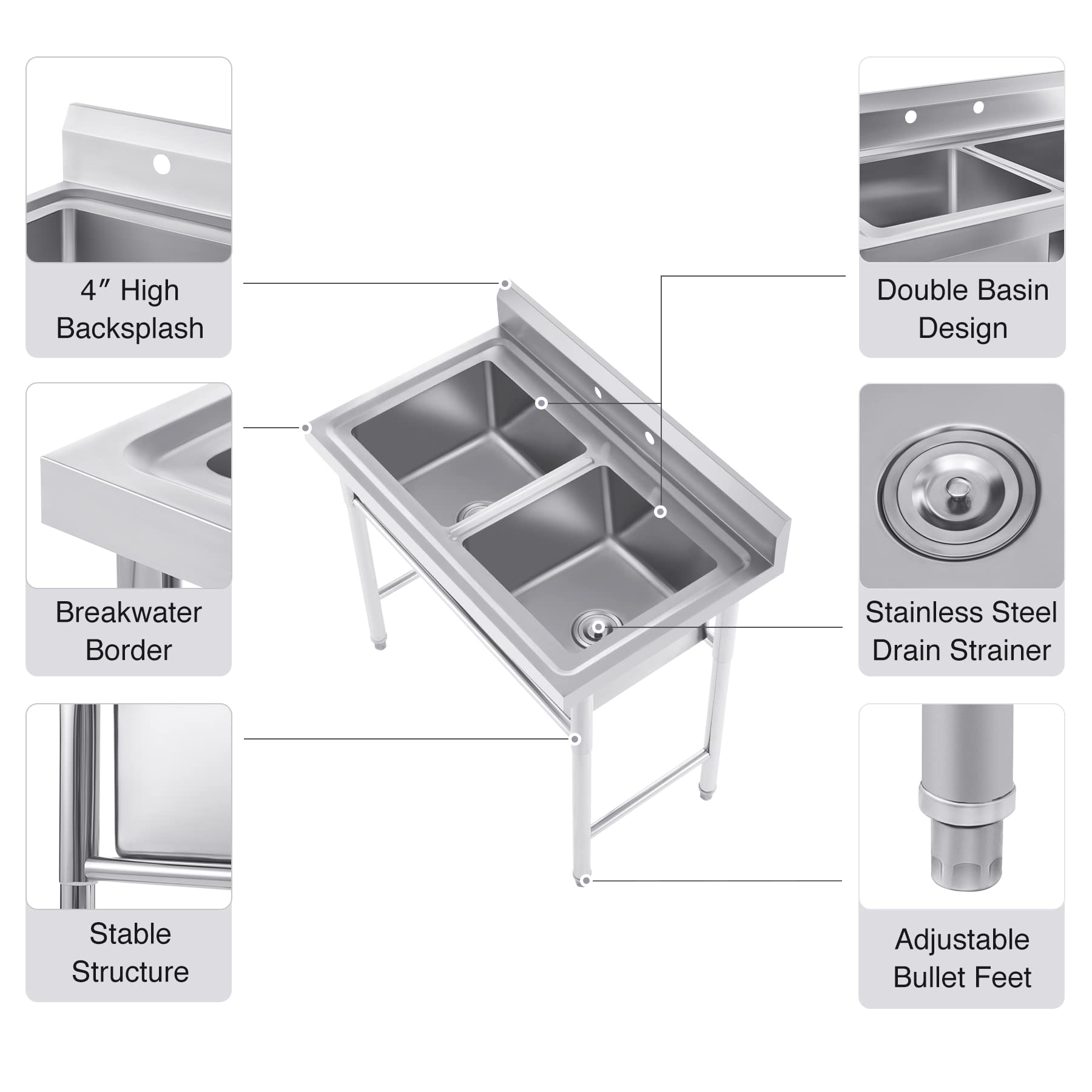 Snapklik.com : Commercial Stainless Steel Sink 2 Compartments, Free ...
