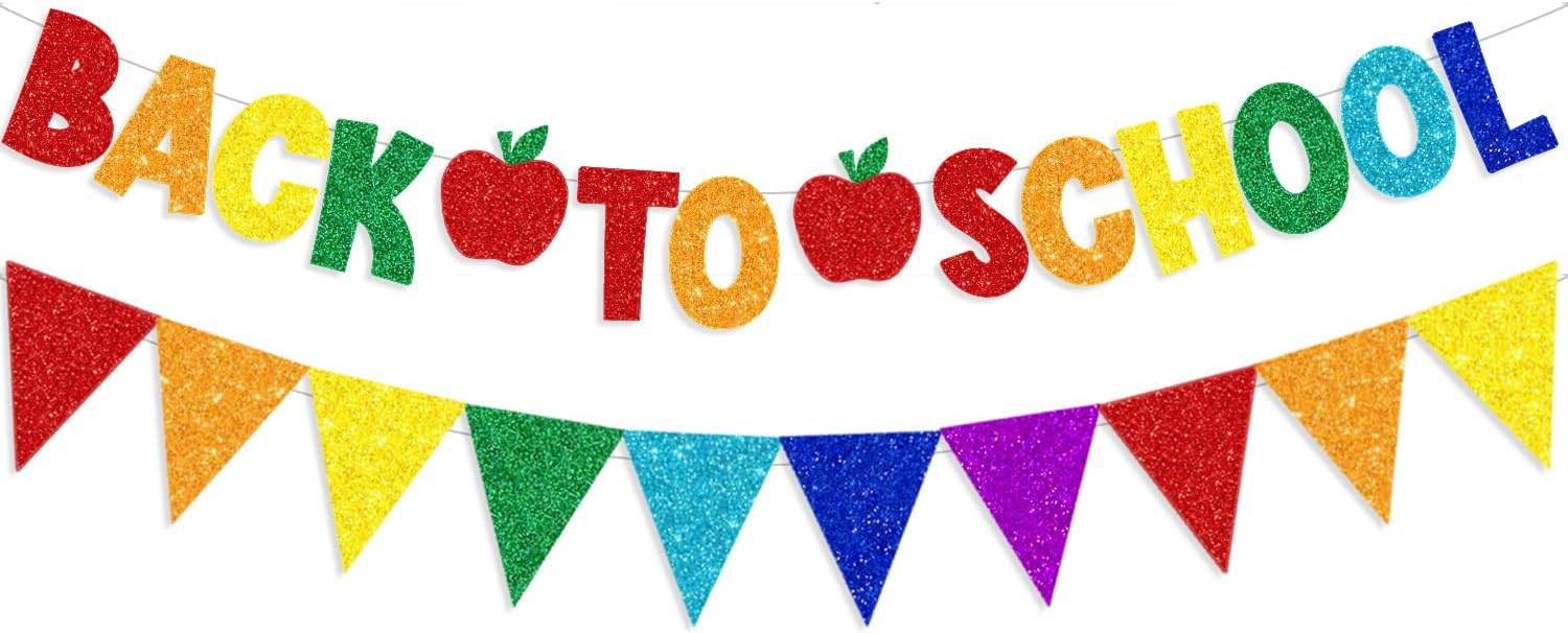 Amazon.com: Glitter Back to School Banner and Colorful Glittery Pennant ...