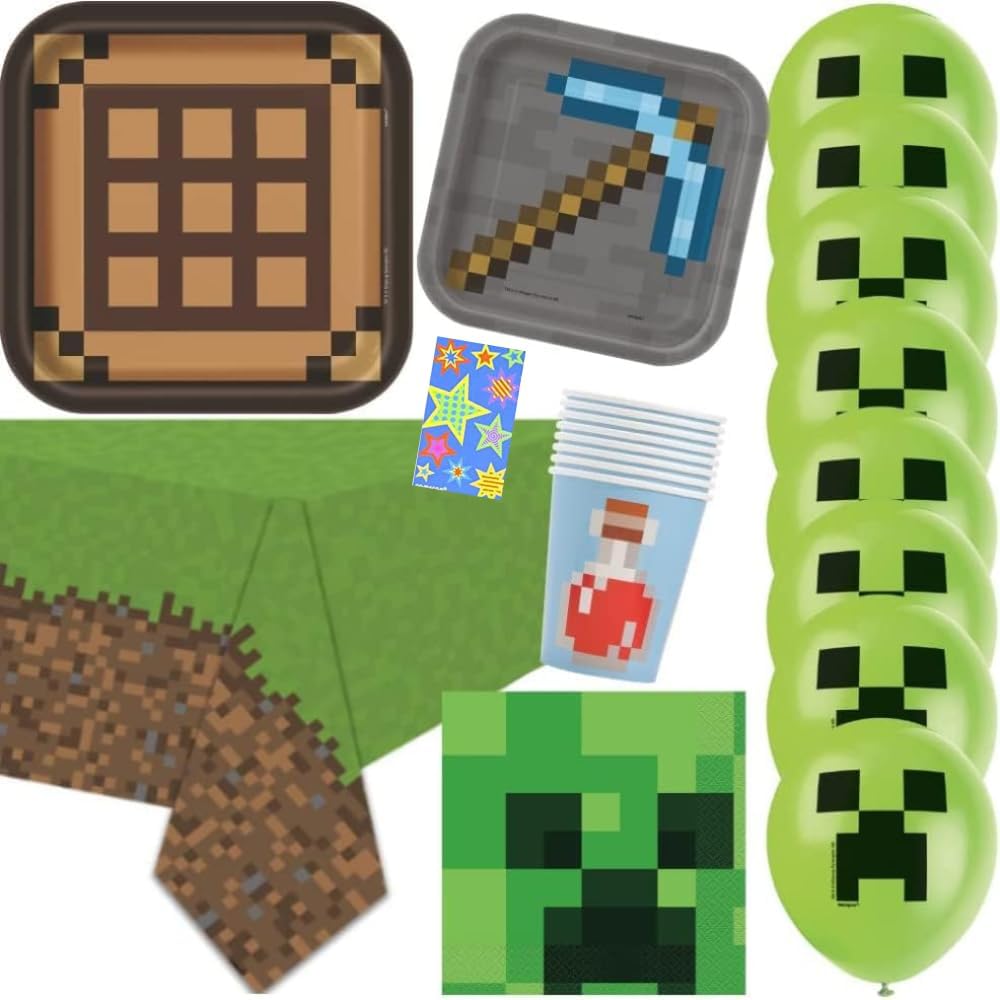 Minecraft Birthday Party Supplies with Balloon Decorations - 8 Plates 8 ...