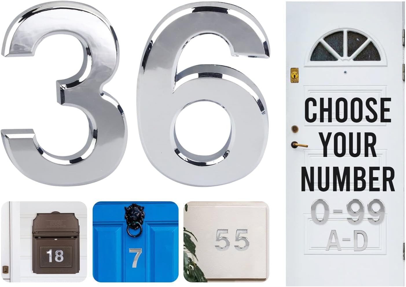 Silver Door Numbers Stick On, 0-99, Letters A, B, C, D, 3'' House ...