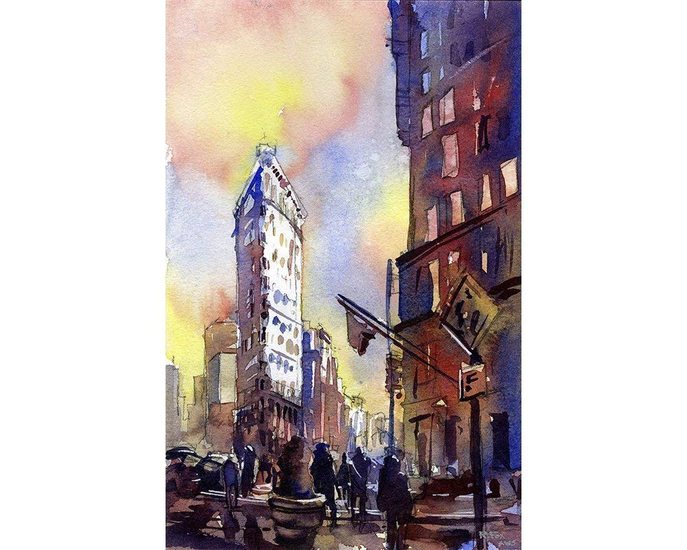 Amazon.com: Watercolor painting of the historic Flat Iron building in ...