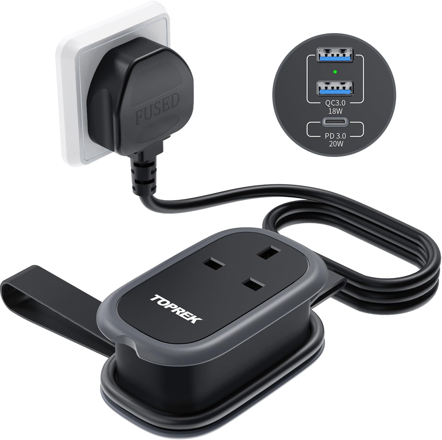 TOPREK Travel Extension Lead with USB Slots, Extension Cable with USB C ...