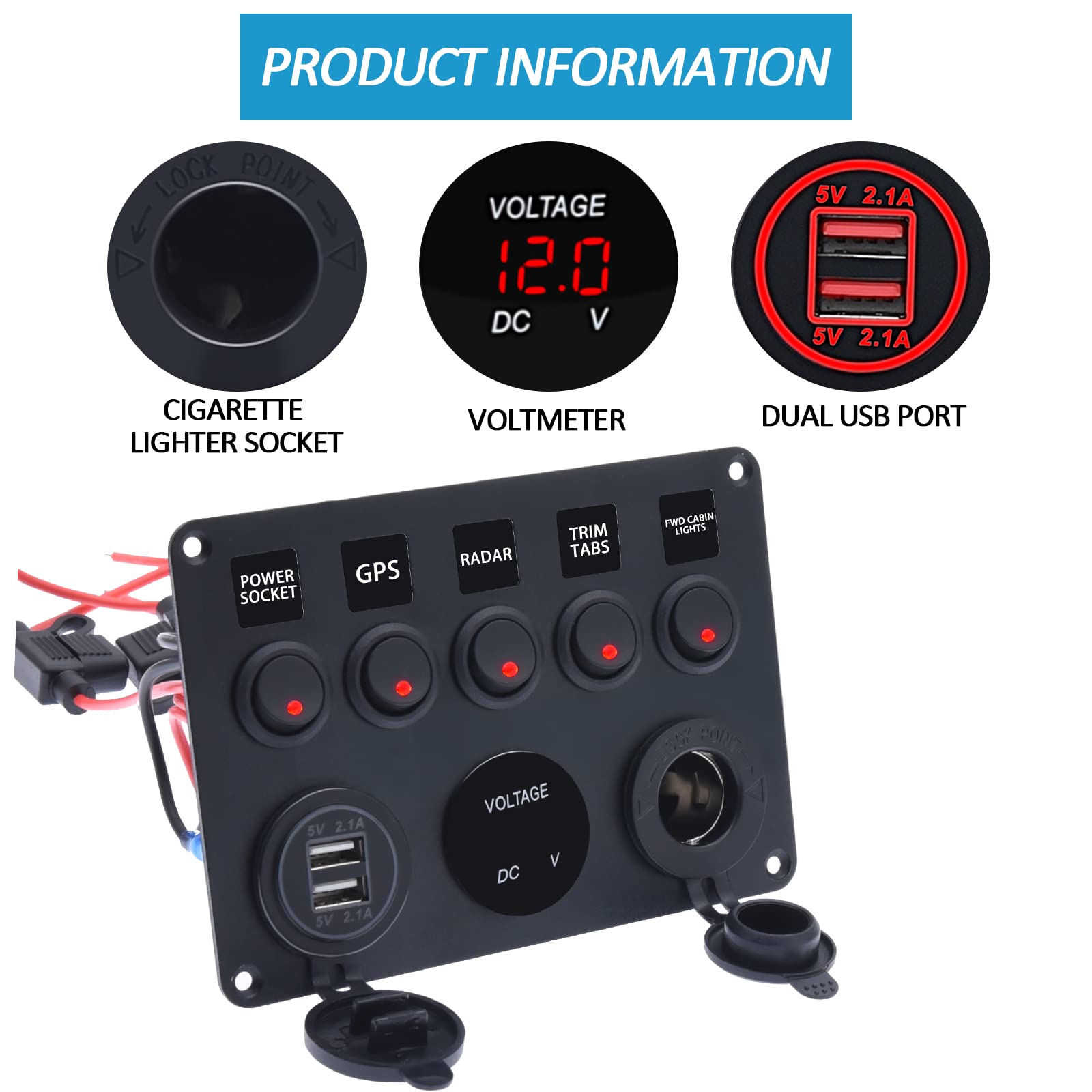 Snapklik.com : 5 Gang Rocker Switch Panel Marine Switch Panel 12V ...