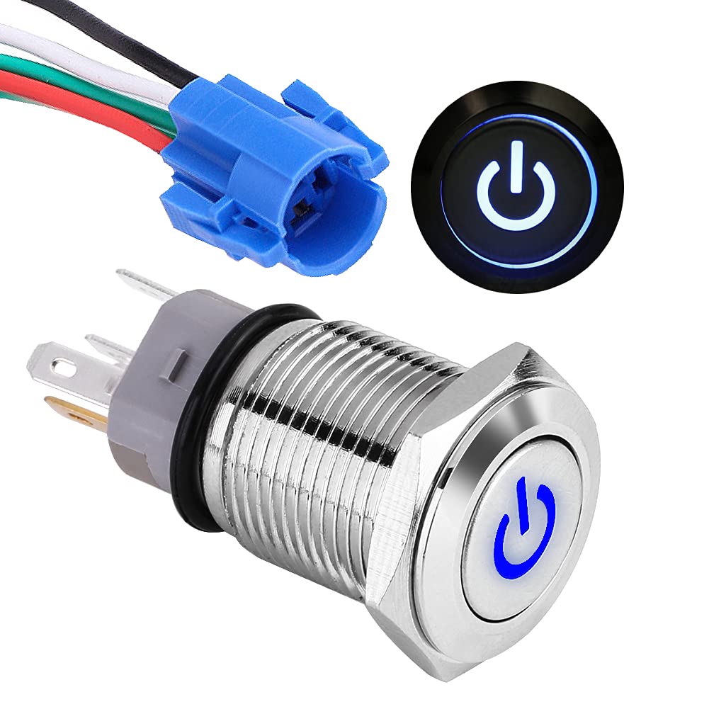 Amazon.com: Qiilu 16mm Push Button Switch 12V Blue LED Metal Latching ...
