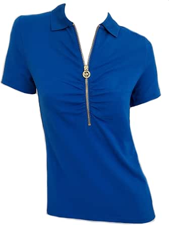 Michael Kors Womens Short Sleeve Shirt Gold Zipper MK Logo Grecian Blue ...