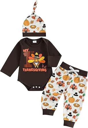 Amazon.com: My 1st Thanksgiving Baby Boy Outfit Turkey Print Long Sleeve Romper Elastic Waist ...