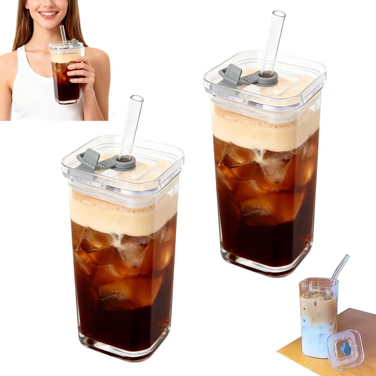 Amazon.com: ACMEDICA Square Glass Cups With Lids And Straws, 14oz ...