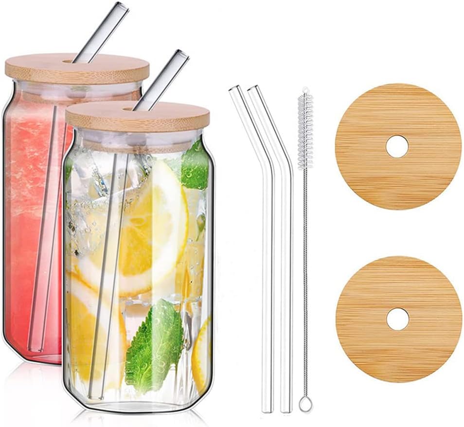 480ml Can Shaped Glass Cups Set, Drinking Glasses with Bamboo Lids and ...