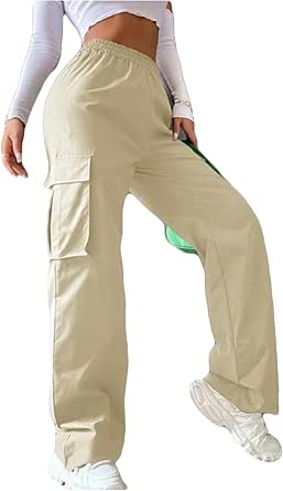 Bestgift Women's Solid Color Elastic Waist Pocket Cargo Pants at Amazon ...