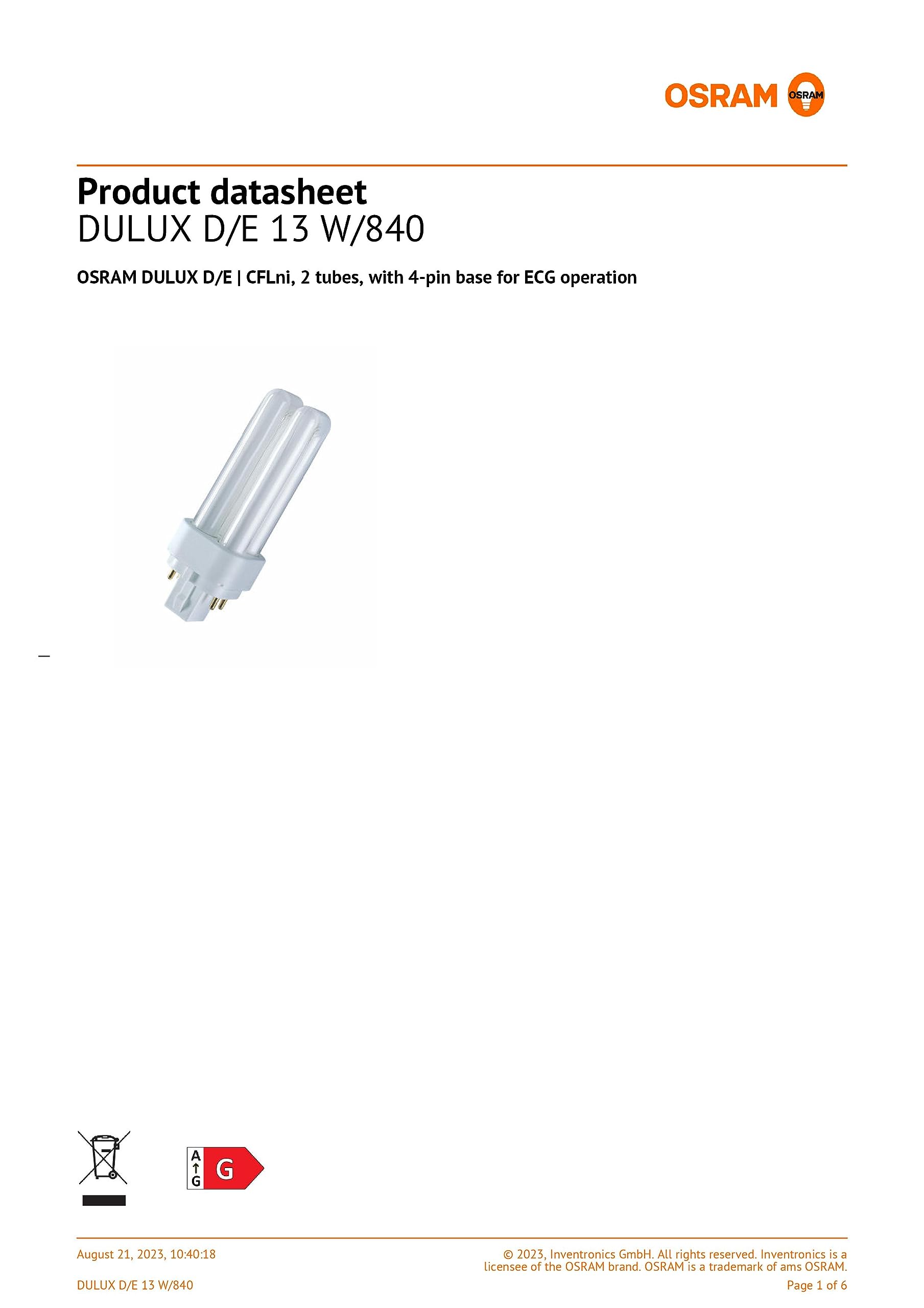 Osram Dulux D 26W 840 Cool White G24d-3 (4000k) Compact Fluorescent ...