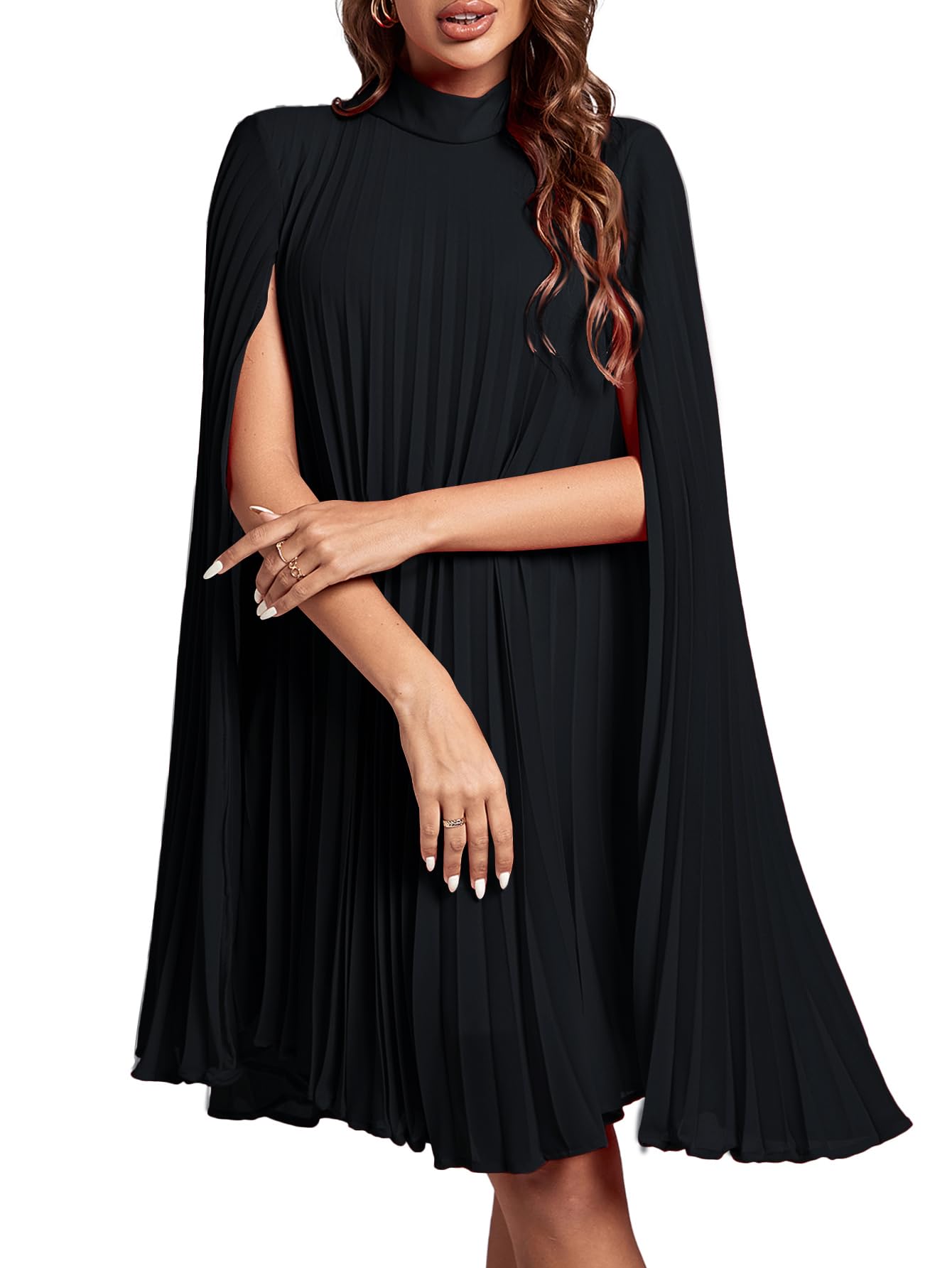 Rooscier Women's Mock Neck Cloak Sleeve Pleated Keyhole Back Flowy ...
