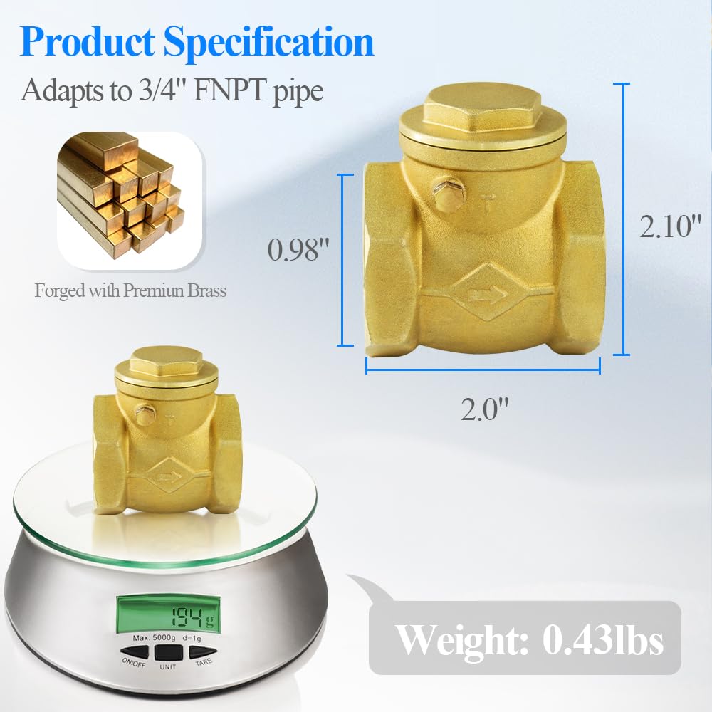 Snapklik.com : WiseWater 2 Pack 3/4 FNPT Brass Swing Check Valve, In ...