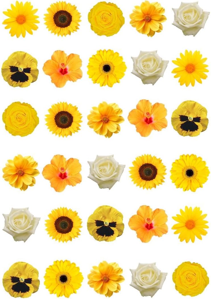 30 x Mixed yellow flowers edible wafer rice paper cupcake toppers cake ...