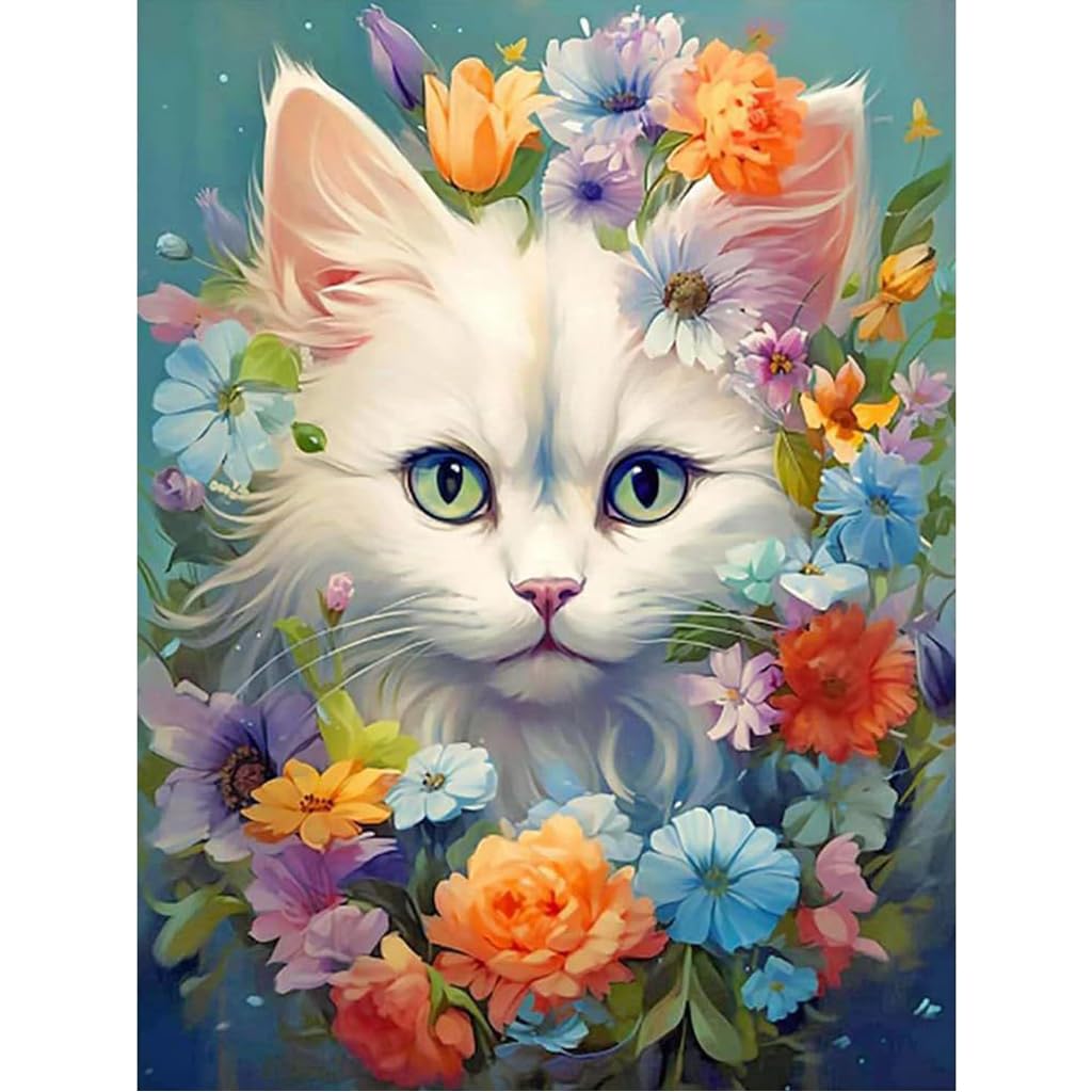 HASTHIP® Enchanting White Cat 5D Diamond Painting Kit, Includes ...