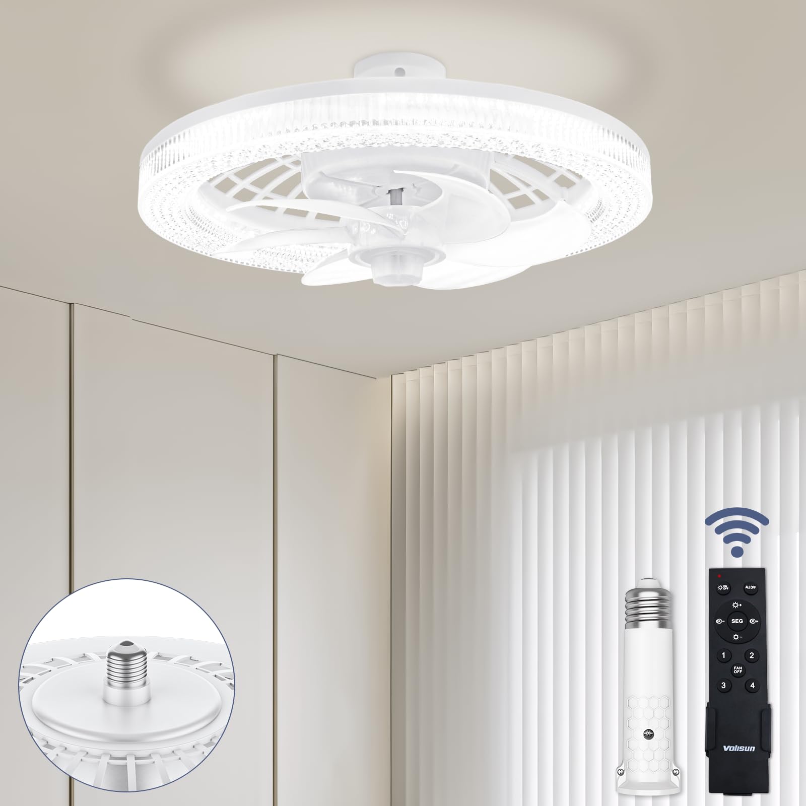 VOLISUN Socket Fan Light with Remote, Socket Ceiling Fan with Dimmable ...
