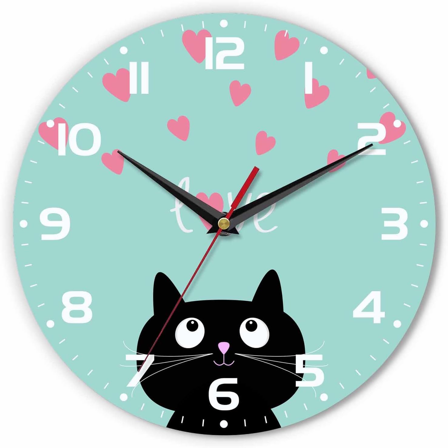 Amazon.com: Black Cat Wall Clock Pink Hearts and Cute Cartoon Cat Blue ...