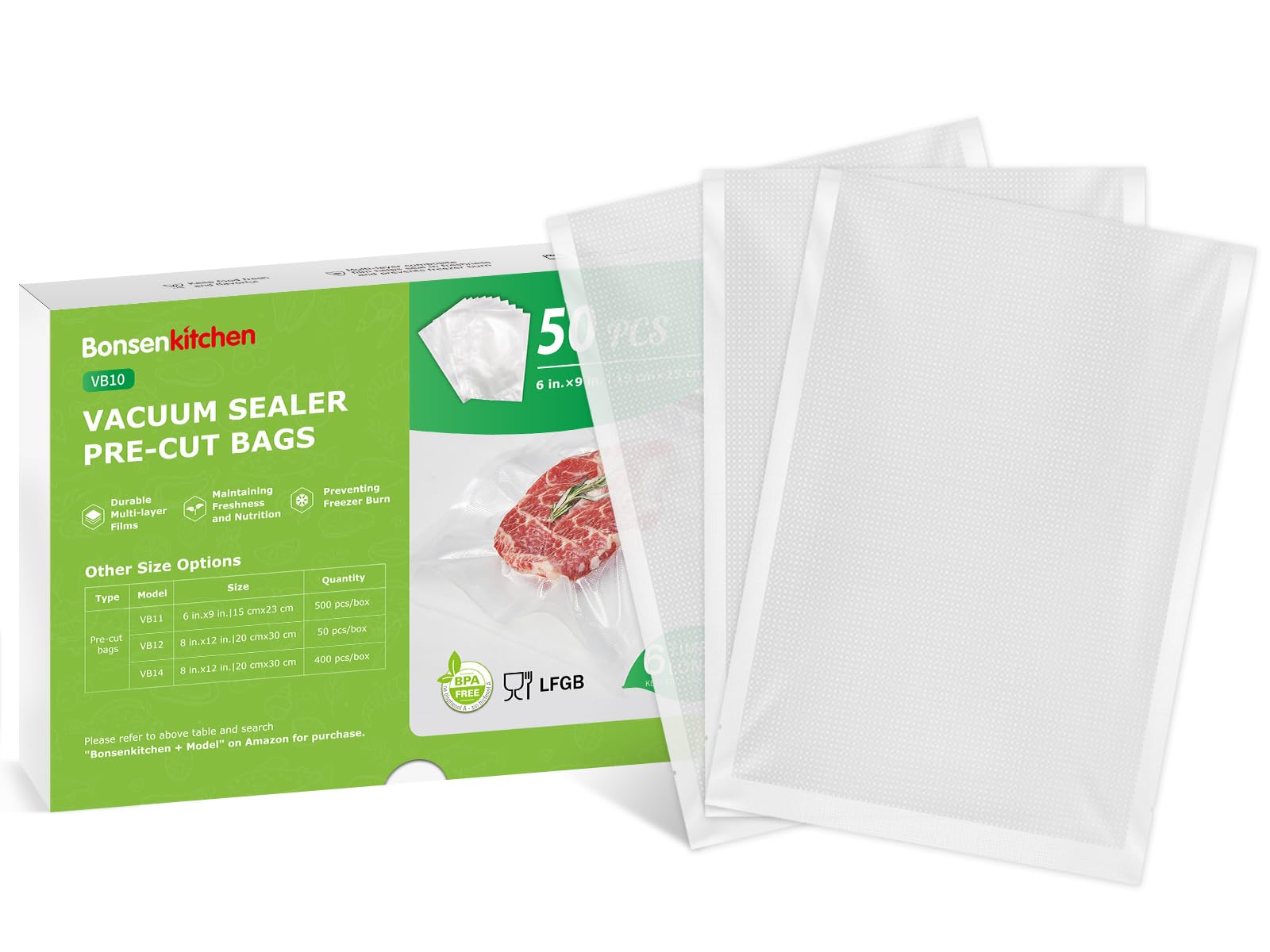Amazon.com: Bonsenkitchen Precut Vacuum Sealer Bags, 50 Pint 6" x 9 ...