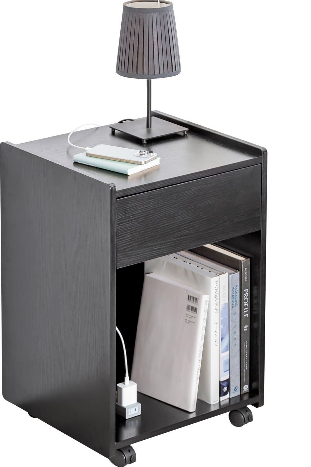 Amazon.co.jp: イーサプライ サイドテーブル ナイトテーブル ベッド横 幅43cm 奥行40cm 高さ64cm 引き出し キャスター付き 配線穴 木製 棚 収納 おしゃれ ブラック ...