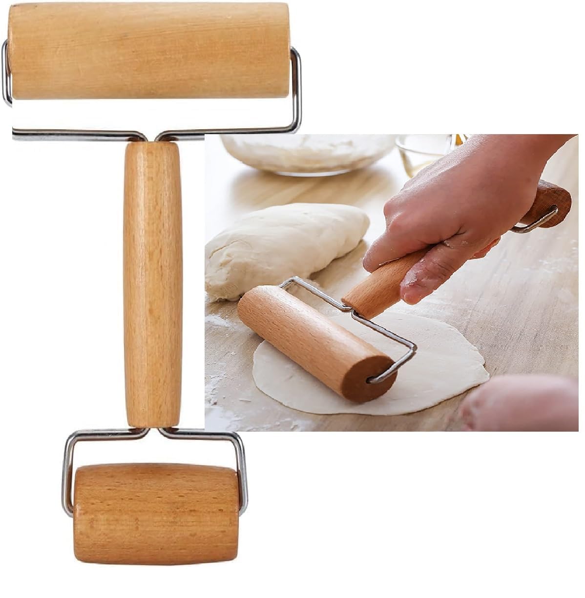 Buy Olafur Double Dough Baker Head Wooden Rolling Pin,Non-Stick Pastry ...