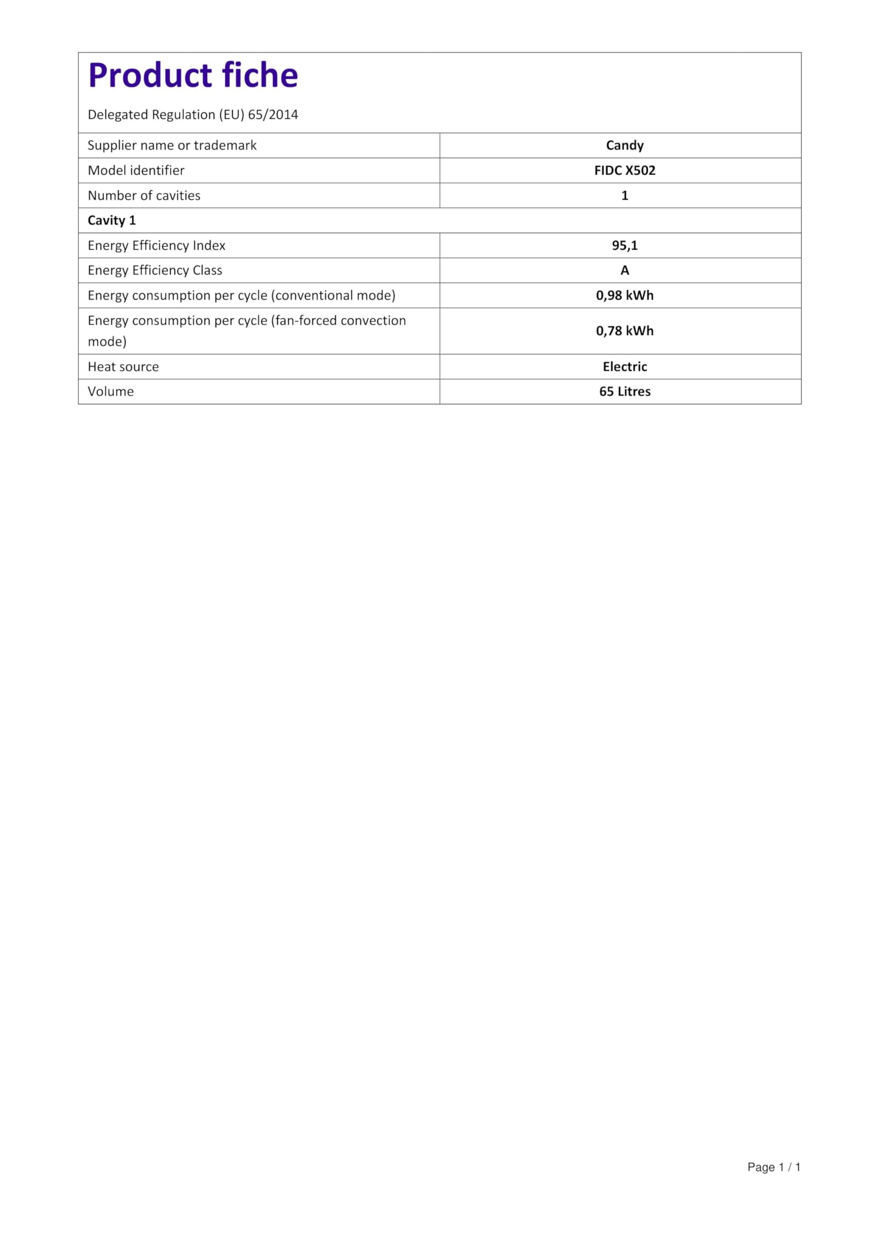Candy Idea FIDC X502 Multi-Function Oven 65 L 2100 W 1 Tray and 2 Grid ...