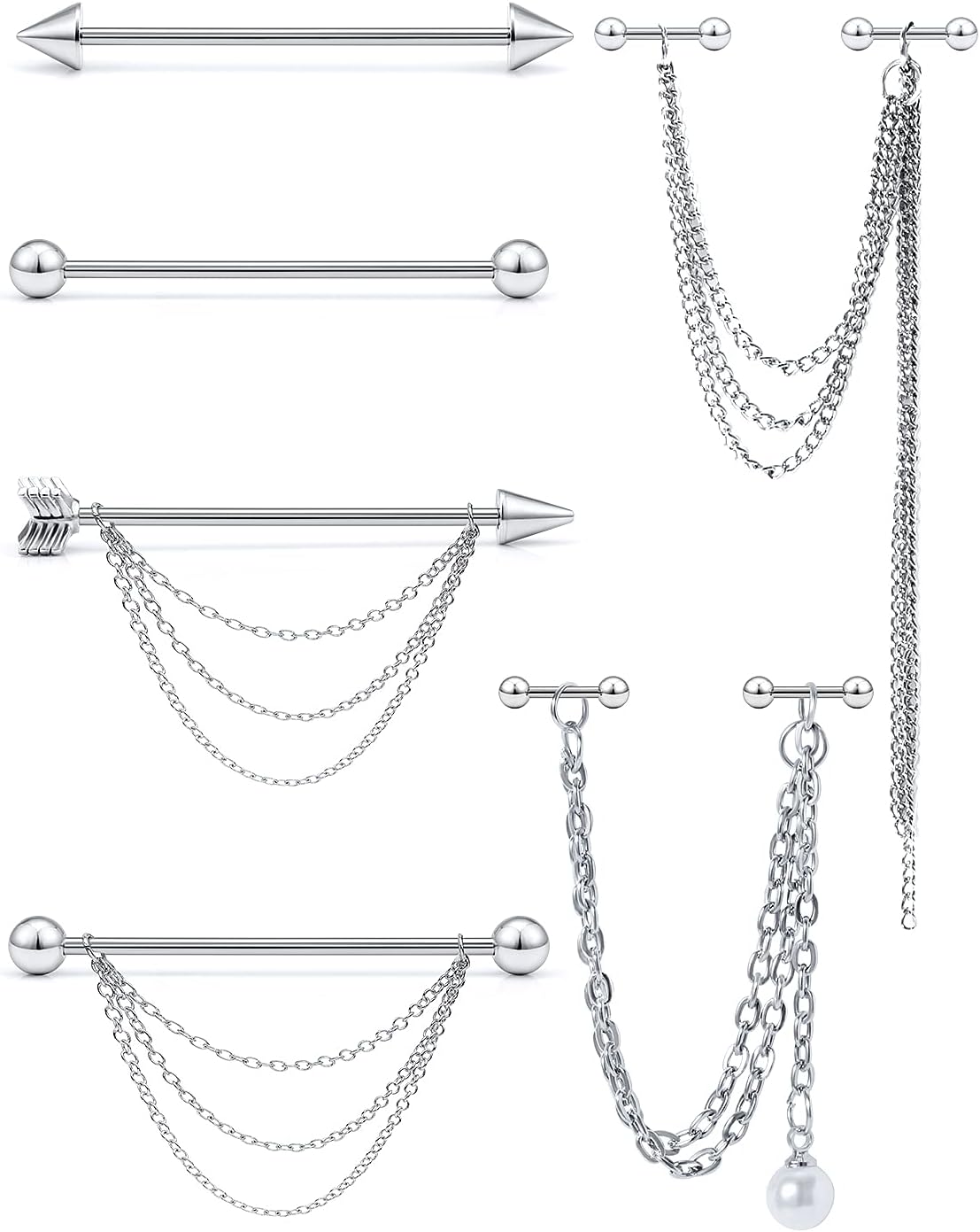 Amazon.com: Dyknasz 14G Stainless Steel Industrial Earrings with Chain ...