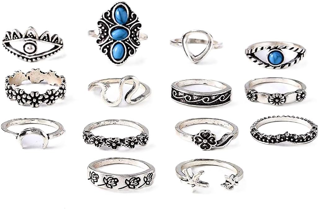 Amazon | Mosako ボーホー ターコイズ スタッカブル フィンガーリングセット シルバー 邪眼 海 波 ミッドジョイントリング 月 ...
