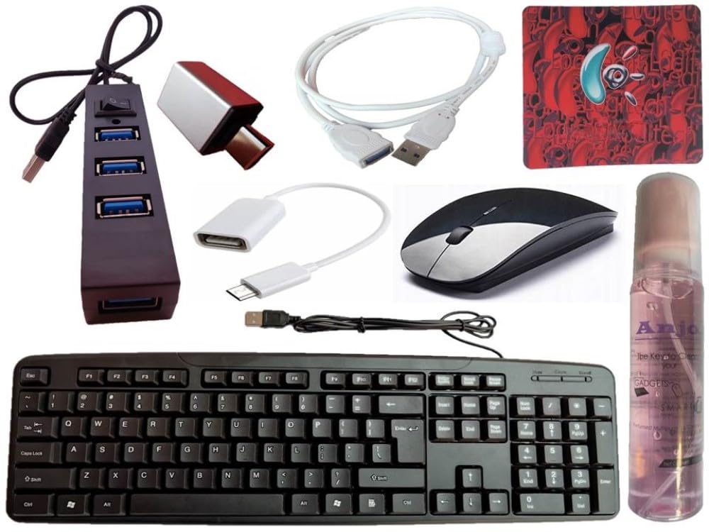 Anjo 8 in 1 Combo of Wired Keyboard, Wireless Mouse, Mouse Pad, USB Hub ...