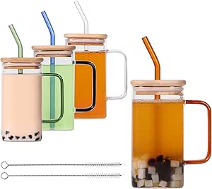 Amazon.com: Tzerotone Glass Cups with Lids and Straws, 4 Pack 17 OZ ...