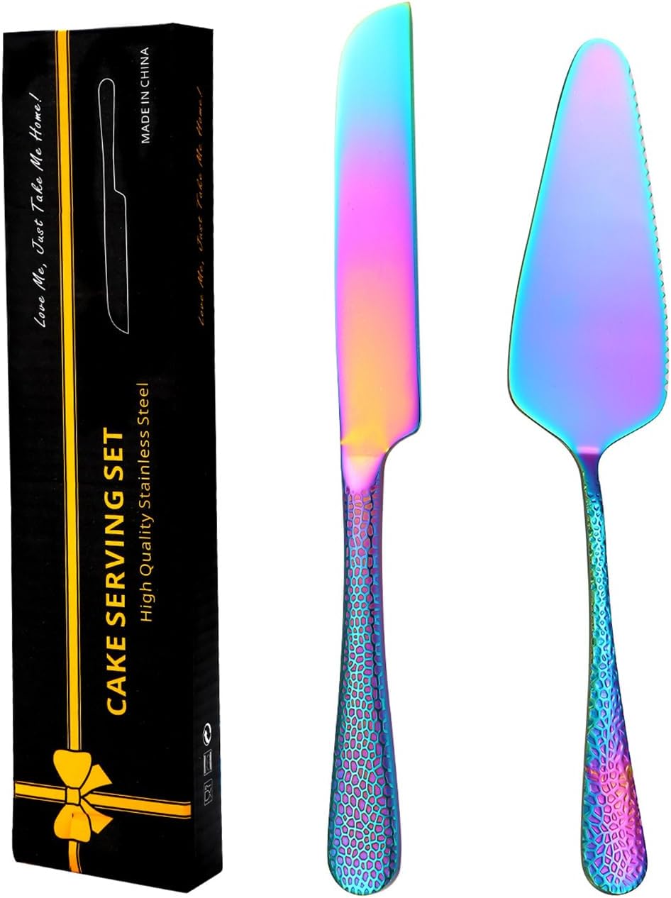 XIAOYU 2PCS Hammered Cake Knife and Server Set, Stainless Steel Wedding ...