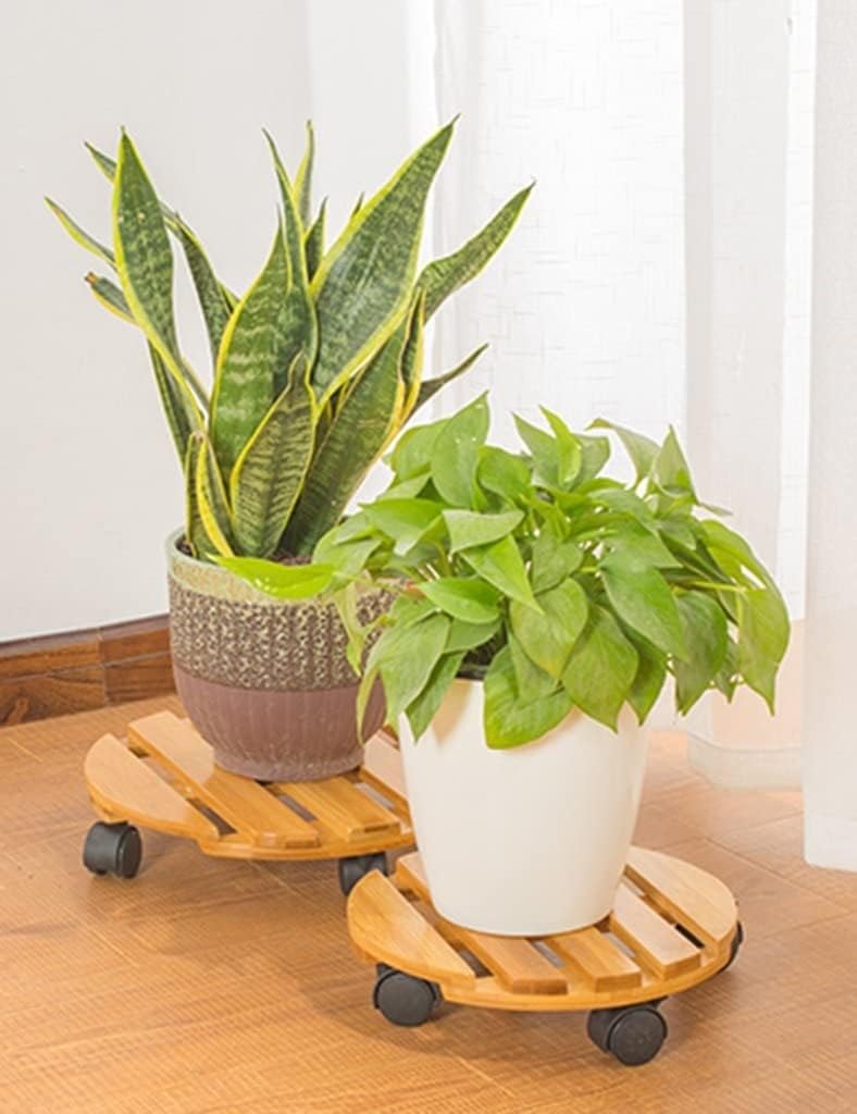 Amazon.com: HOUSEBOOK 2 Packs Premium Wooden Rolling Flower Pot Holder ...