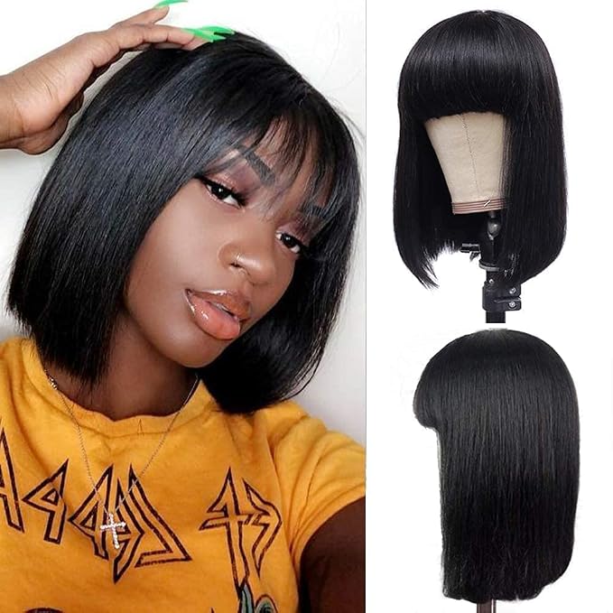 Amazon.com : Starmo Wig With Bangs Short Bob Wigs Straight Hair For ...