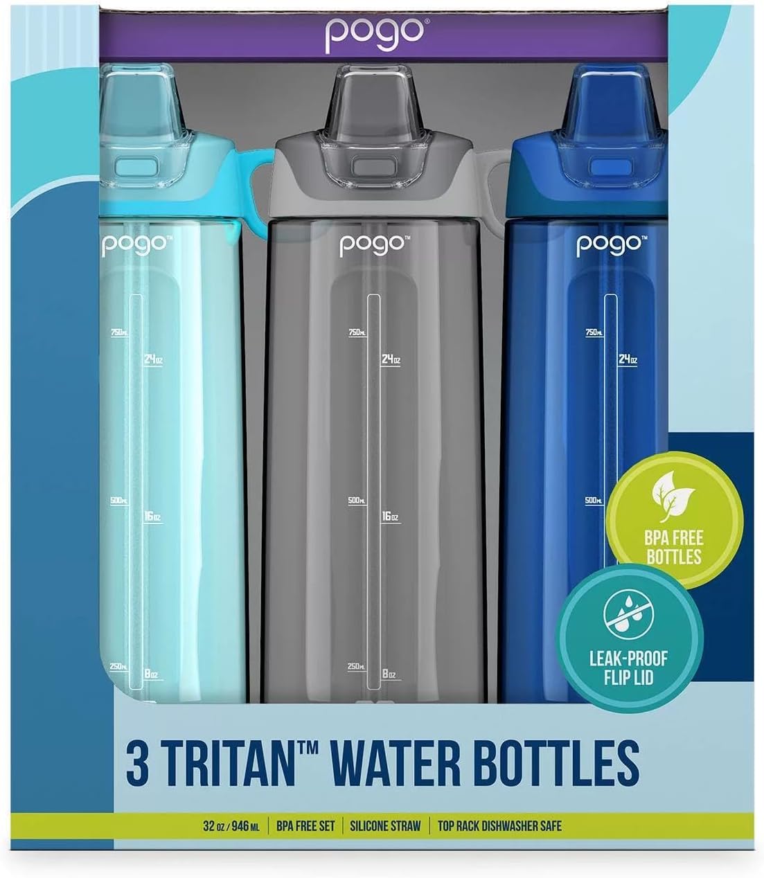 Pogo - Botellas de agua Tritan sin BPA con tapa abatible y popote, 32 ...