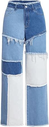 WDIRARA Women's Color Block Patchwork Jeans Raw Trim Zipper Fly ...
