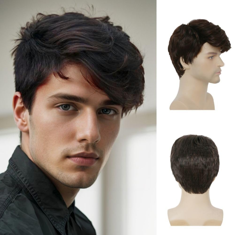 Mens Short Wig Short Brown Layered Natural Synthetic Halloween Cosplay ...